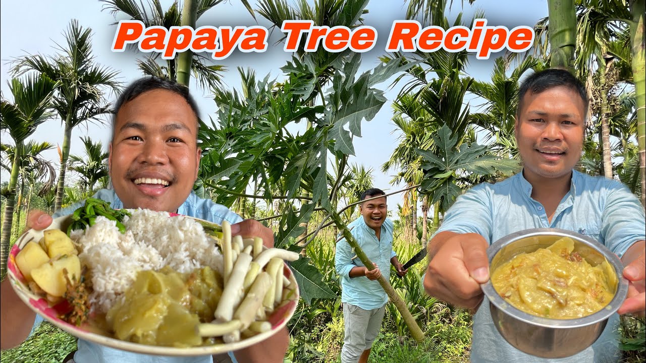 Cooking and Eating papaya tree recipes at village | Boiled Bamboo ...