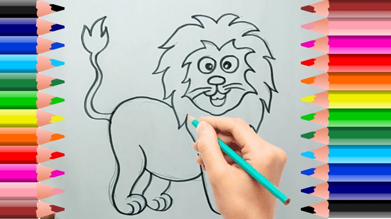 Easy drawing of lion step by step. Lion drawing and colouring by colour ...