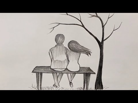 beautiful couples sitting on bench drawing for beginners step by step ...