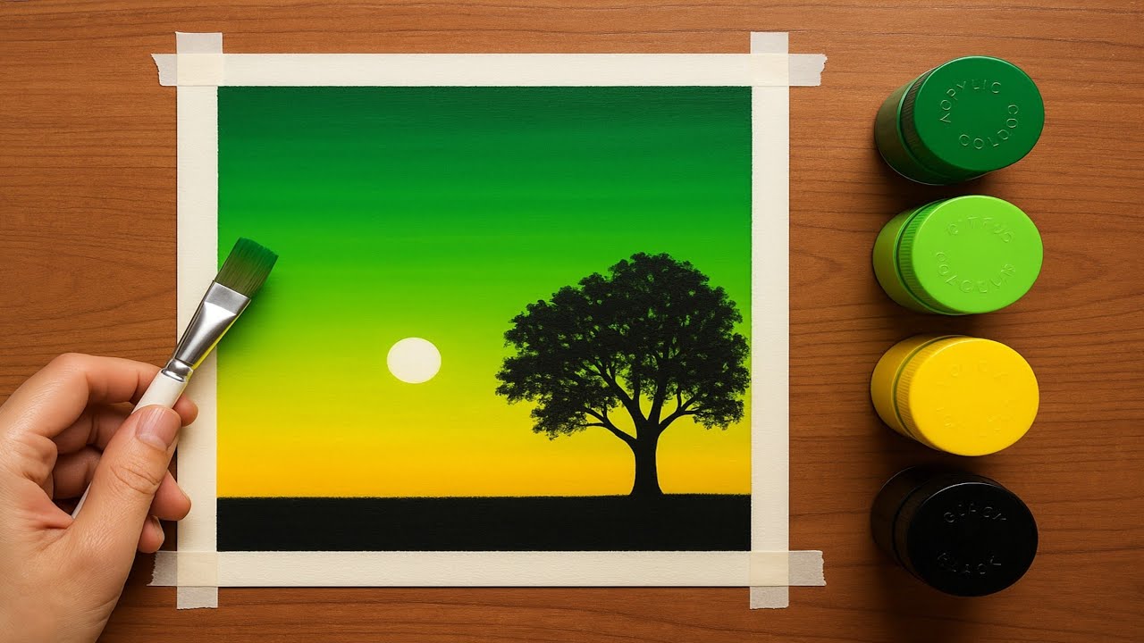 Easy Green Sunset Painting | Poster Color Landscape for Beginners 🌄 ...