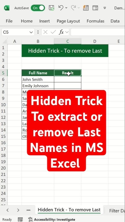 Hidden Trick - To extract or remove Last Names. #excel #exceltricks #exceltips #shorts ...