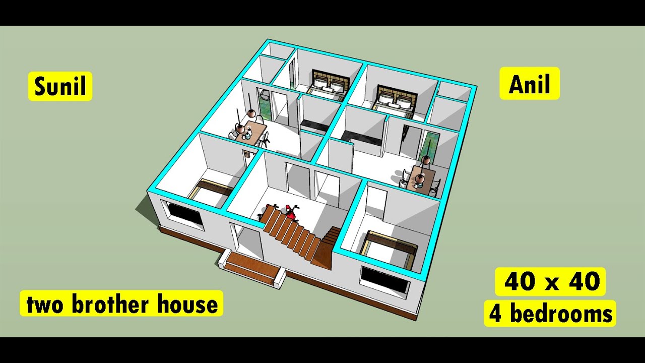 2 family House Design in Village II twin house plan design II 40 x 40 ghar ka naksha II 4 bhk ...