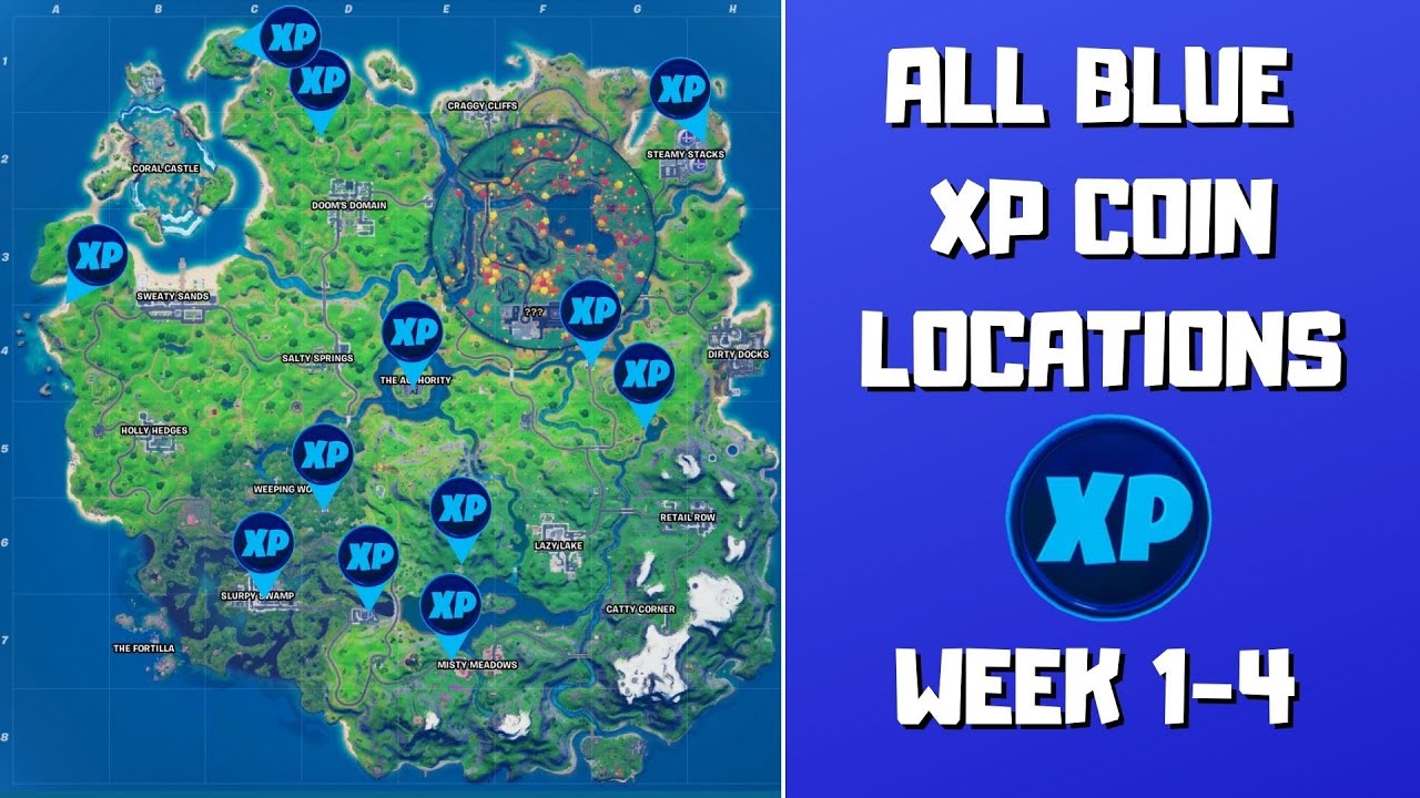All 12 Blue XP Coins Locations in Fortnite (week 1-4)! - Deja Blue ...