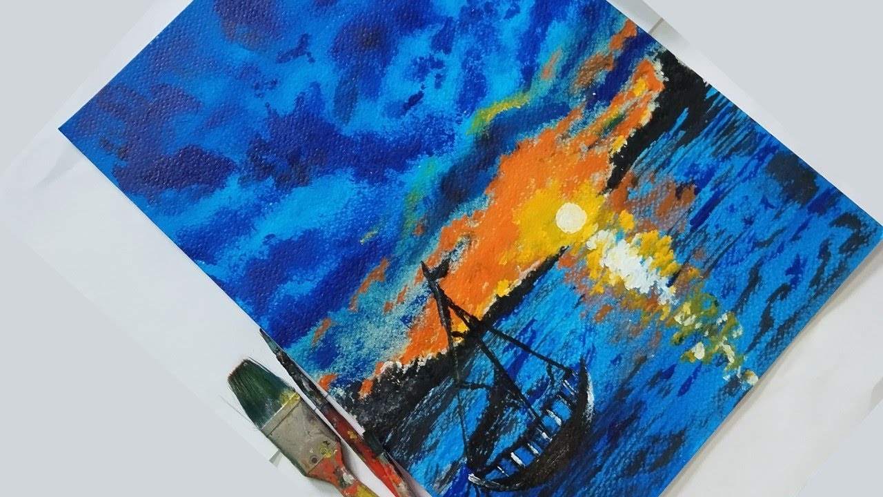 Moonlight Night Scenery || Acrylic Painting || How to paint a moonlight ...