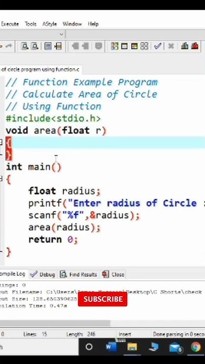 #72 C Program to Find Area of Circle using Function | C Programming #shorts - YouTube