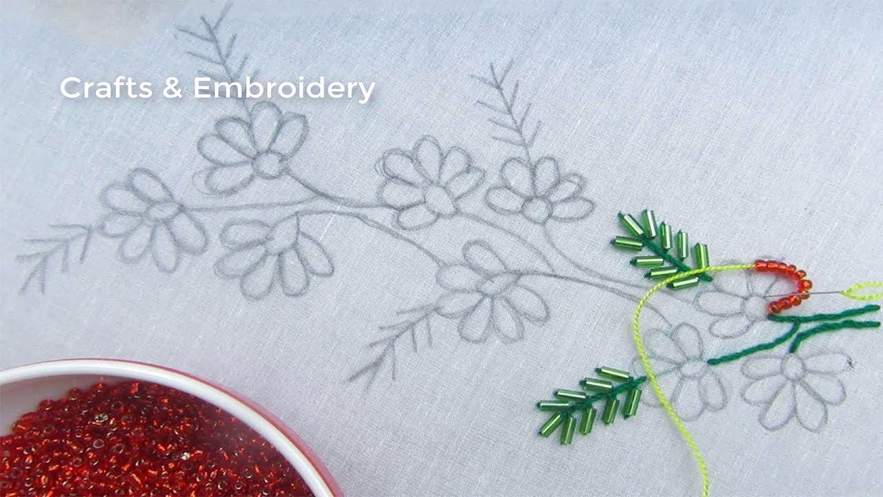 Hand Embroidery, Easy Border Line Embroidery Tutorial with Beads - YouTube