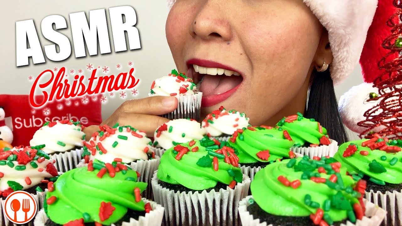 ASMR Christmas Mini Cup Cakes (soft eating sounds) | LaniEats ASMR ...