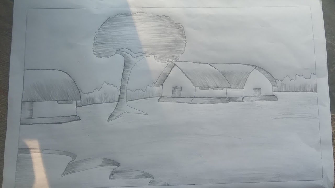 how to draw easy pencil sketch scenery,landscape pahar and river side ...