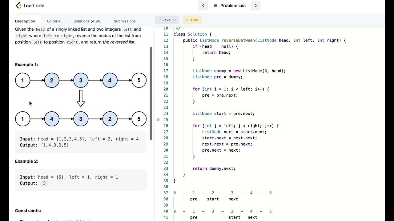 Leetcode 92 Reverse Linked List Ii 中文解题思路 Java Linkedlist Youtube