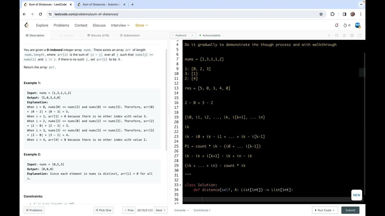 leetcode 2615 Sum of Distances - partial sum, binary search, trade space for time - YouTube