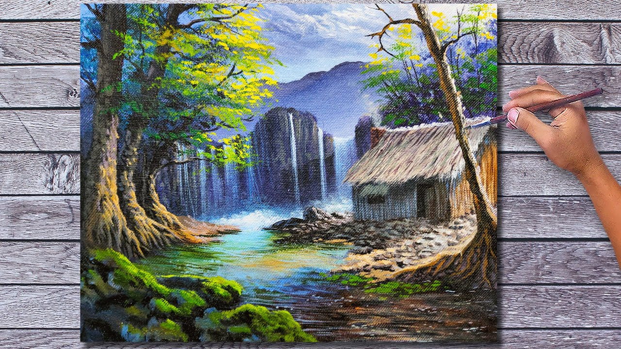 Acrylic Beautiful Landscape Painting Time-lapse / Old Cabin near ...