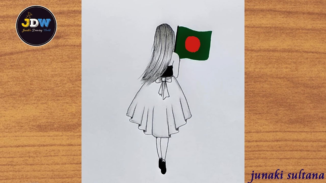 How To Draw a Girl With National Flag - pencil sketch for beginners ...