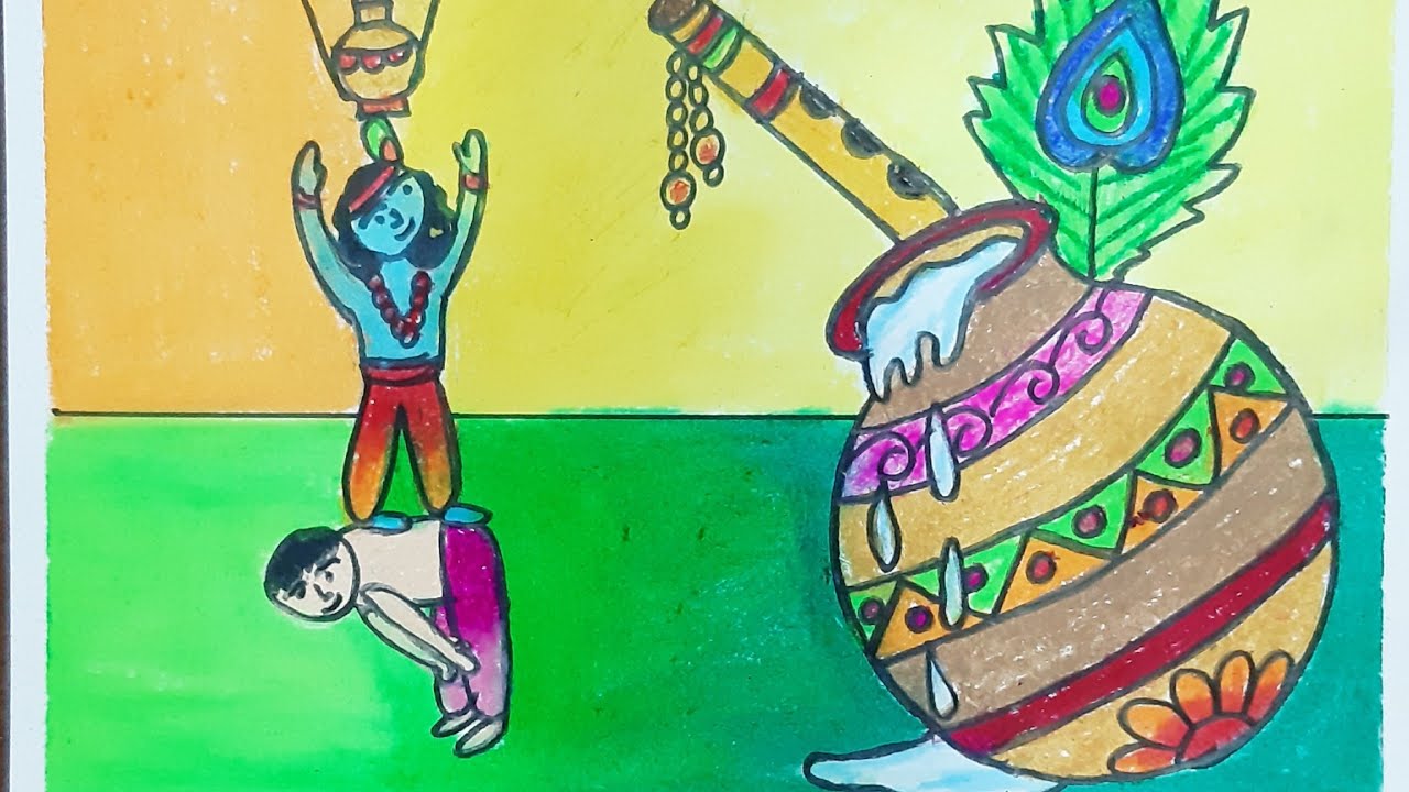 Dahi Handi drawing || How to draw Dahi handi || Dahi handi with oil ...