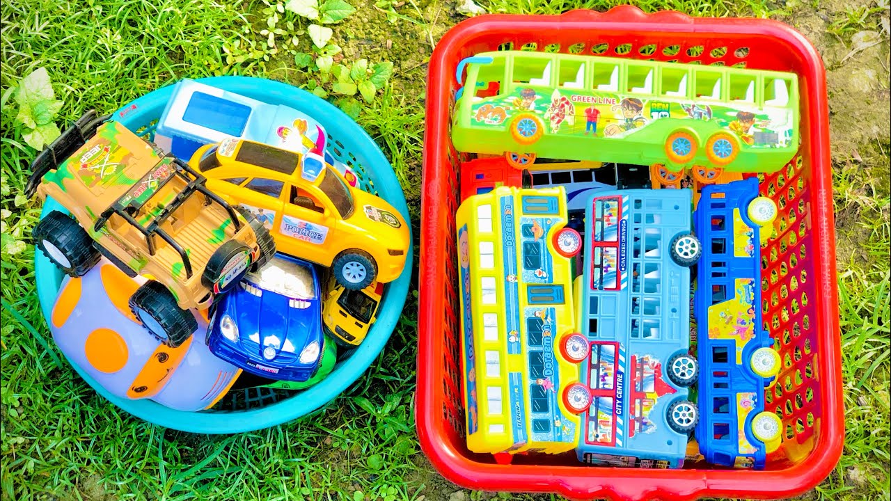 Two Baskets Full Of Toy Vehicles | Two Baskets of Cars and Buses ...