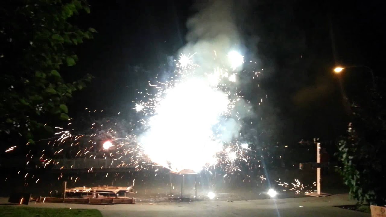 Homemade angled fireworks fountain board, 35 fireworks fused together ...