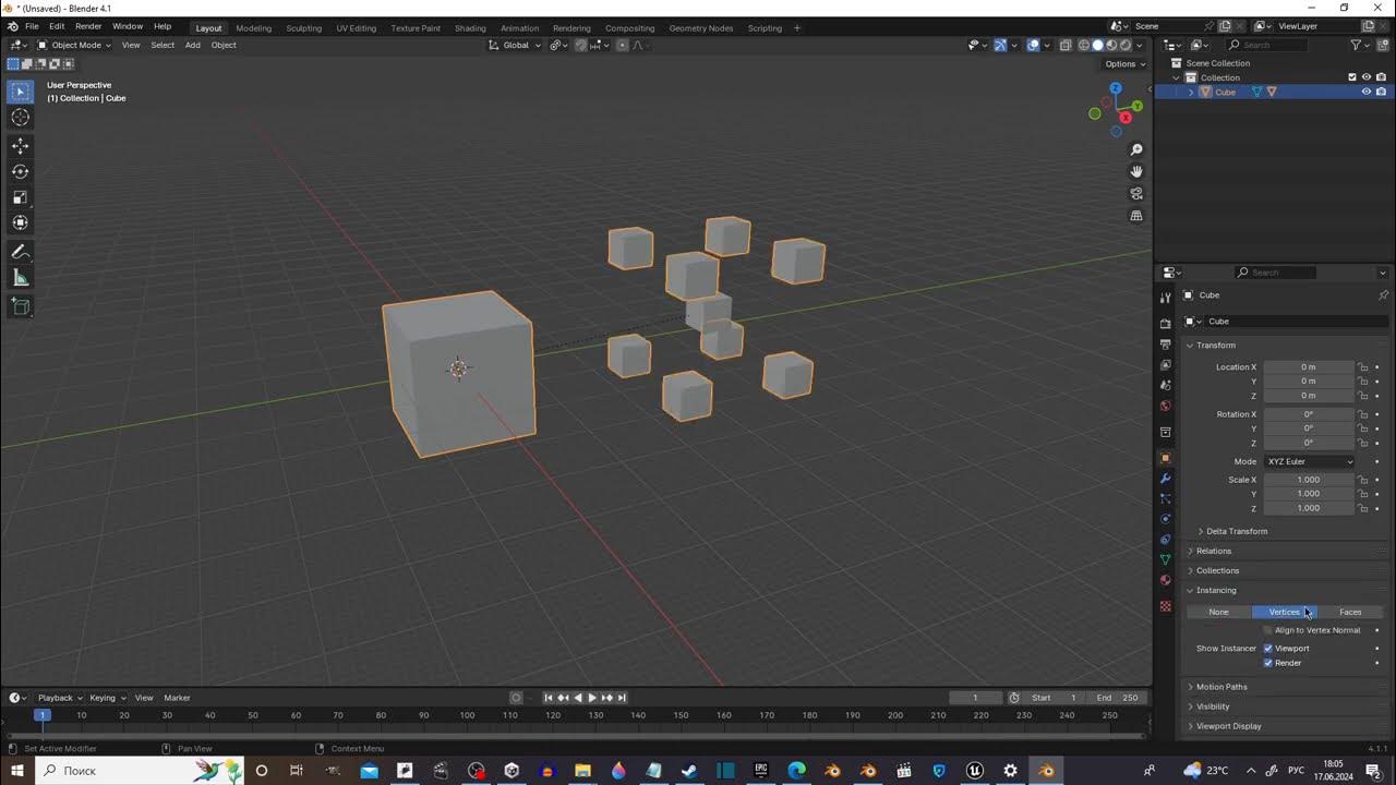 Blender 4.1 Tutorial - How to add many objects, array to objects, instancing, geometry nodes ...