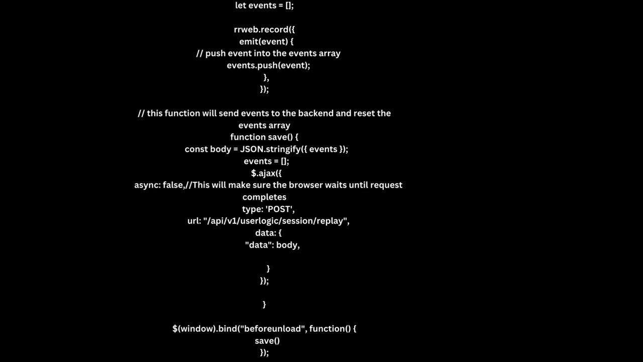code snippet is for recording user interactions on a web page using the rrweb library, sending ...