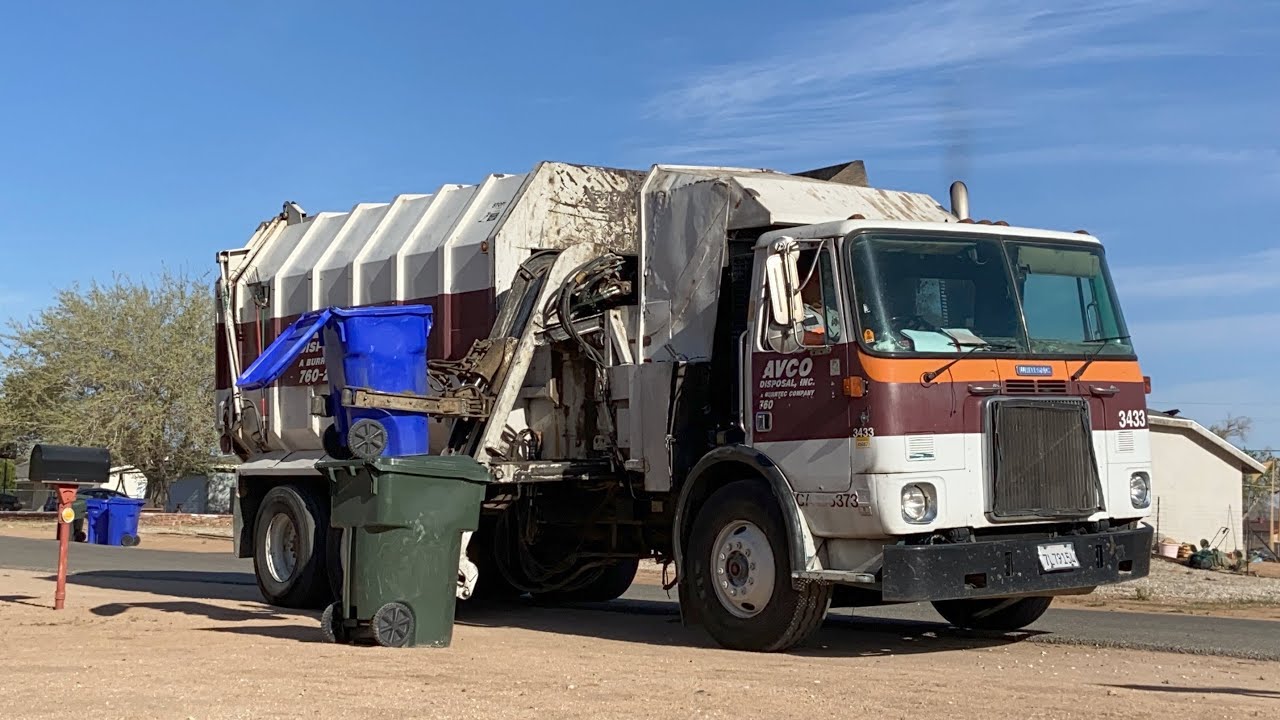 AVCO Disposal WhiteGMC Rail Arm Amrep on Recycle - YouTube