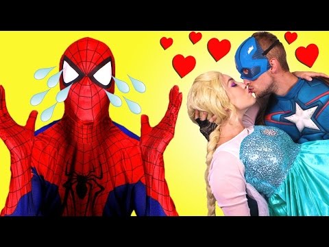 Frozen Elsa Kissing Captain America! w/ Spiderman, Pink Spidergirl Mermaid, Ariel, Joker & Candy