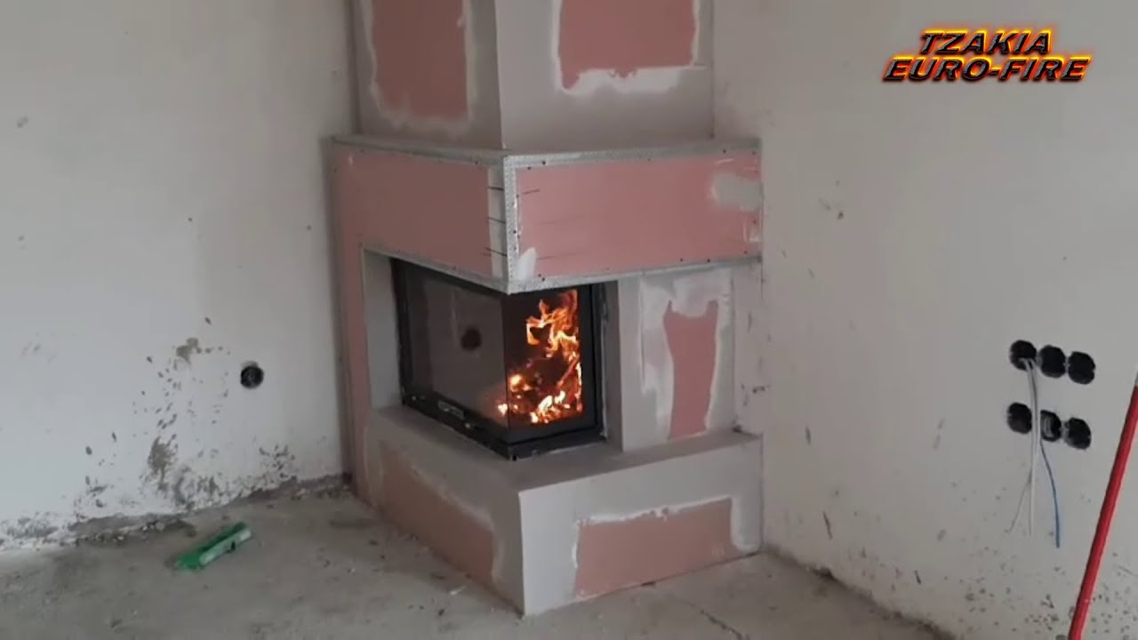 Τζάκι γωνιακό πυρότουβλο τύπου ενεργειακού με πόρτα συρόμενη επένδυση ...