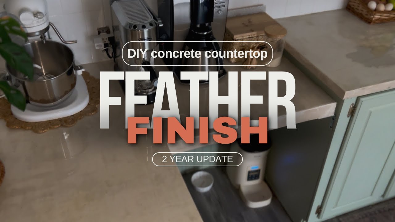 2 year update to our DIY concrete countertop using feather finish - YouTube