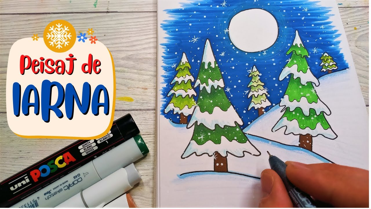 Cum se Deseneaza si Coloreaza un PEISAJ de IARNA si de NOAPTE cu Brazi ...
