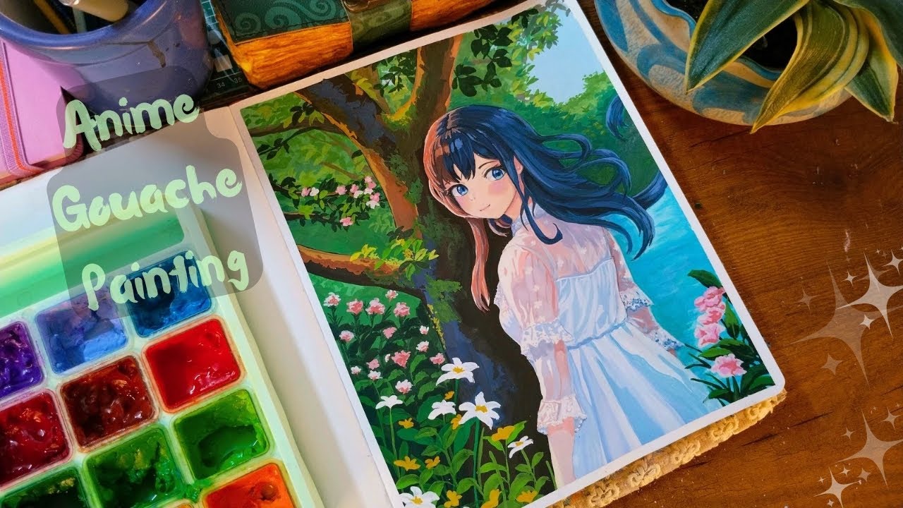 🌼Anime Girl Painting with Landscape Scenery | Cozy Sketchbook Painting ...