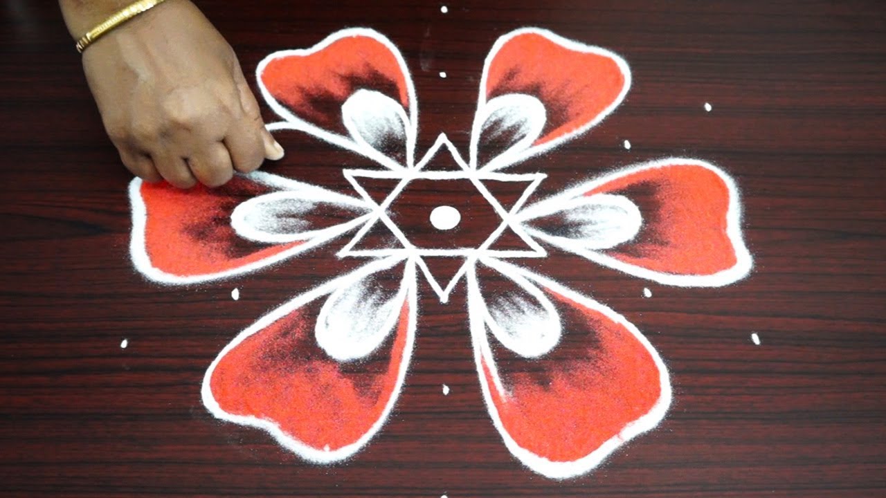 Simple flower muggulu with 7x4 dots - friday kolam with colour ...