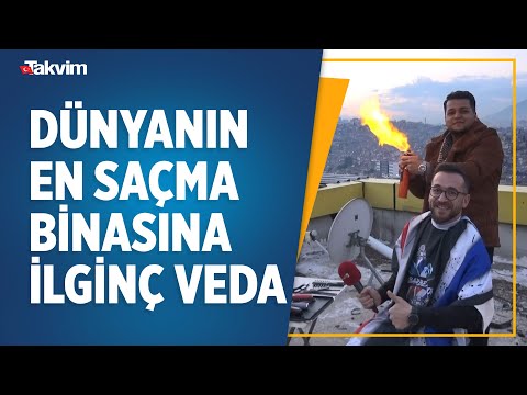 Dünyanın en saçma binasına ilginç veda! Yıkıma dikkat çekmek için çatıda muhabiri tıraş ettiler