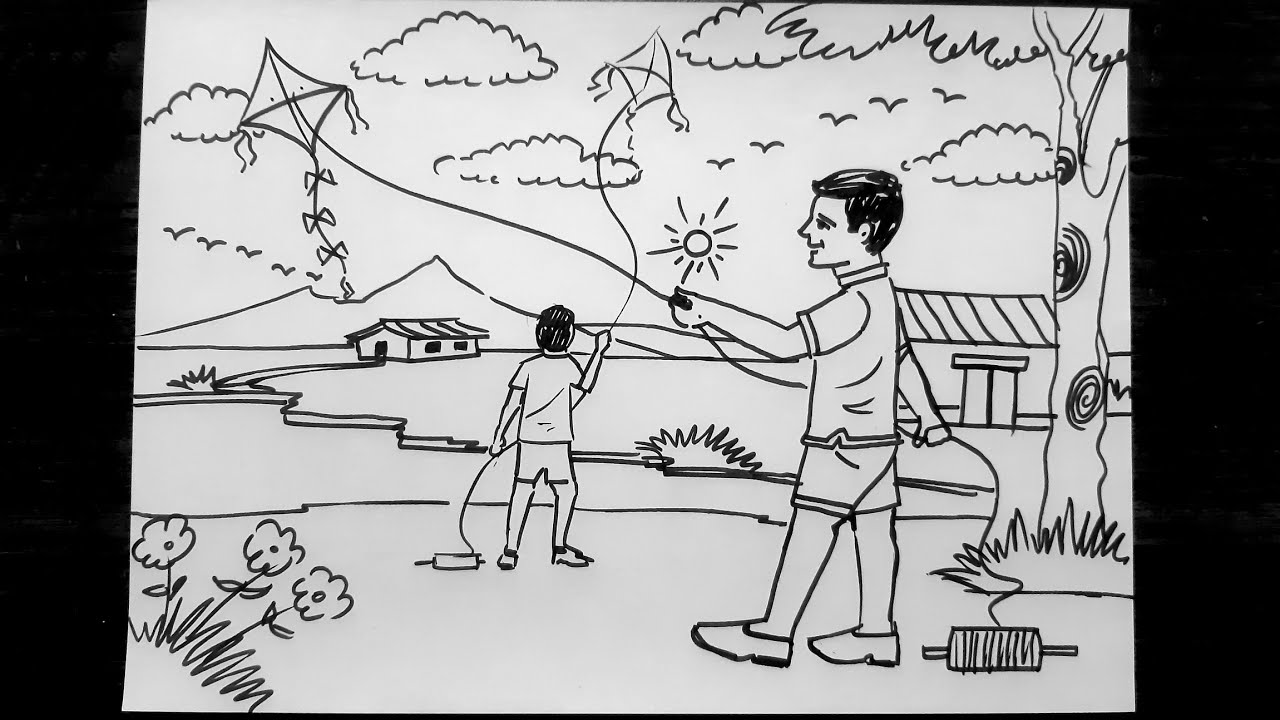 पतंग उडवणारी मुले चित्र / kite flaying drawing / kids flaying kites ...