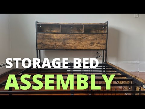HAUSOURCE Bed Frame with Bookcase Headboard and 2 Drawers LED Lights Assembly | Antioch Bed Frame