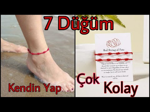 7 Düğüm Kırmızı İpten Ayarlanabilir Basit Bileklik Halhal Yapımı | Evde Kolay Bileklik Yapımı