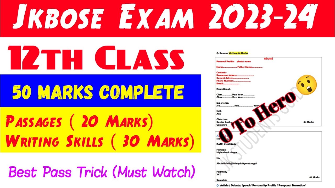 Jkbose 12th Class English 50 Marks Complete | Passage & Grammar | Best ...