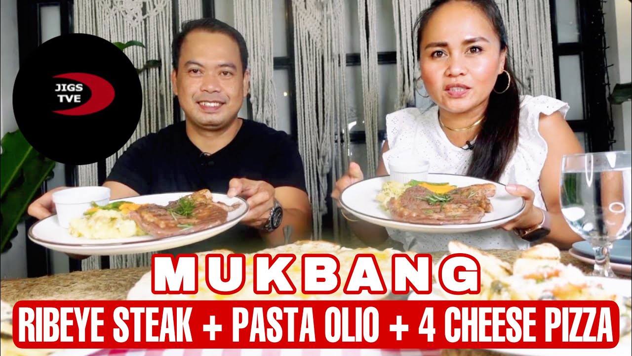 MUKBANG | RIBEYE STEAK + SEAFOOD OLIO + 4 CHEESE PIZZA | COLLABORATION ...