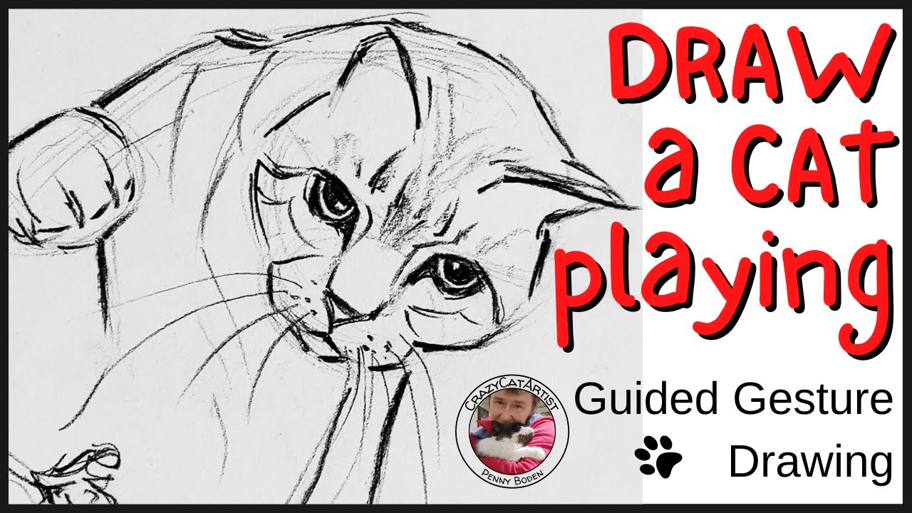How to Draw a Cat Playing with a Flower - simple method kitten sketch ...