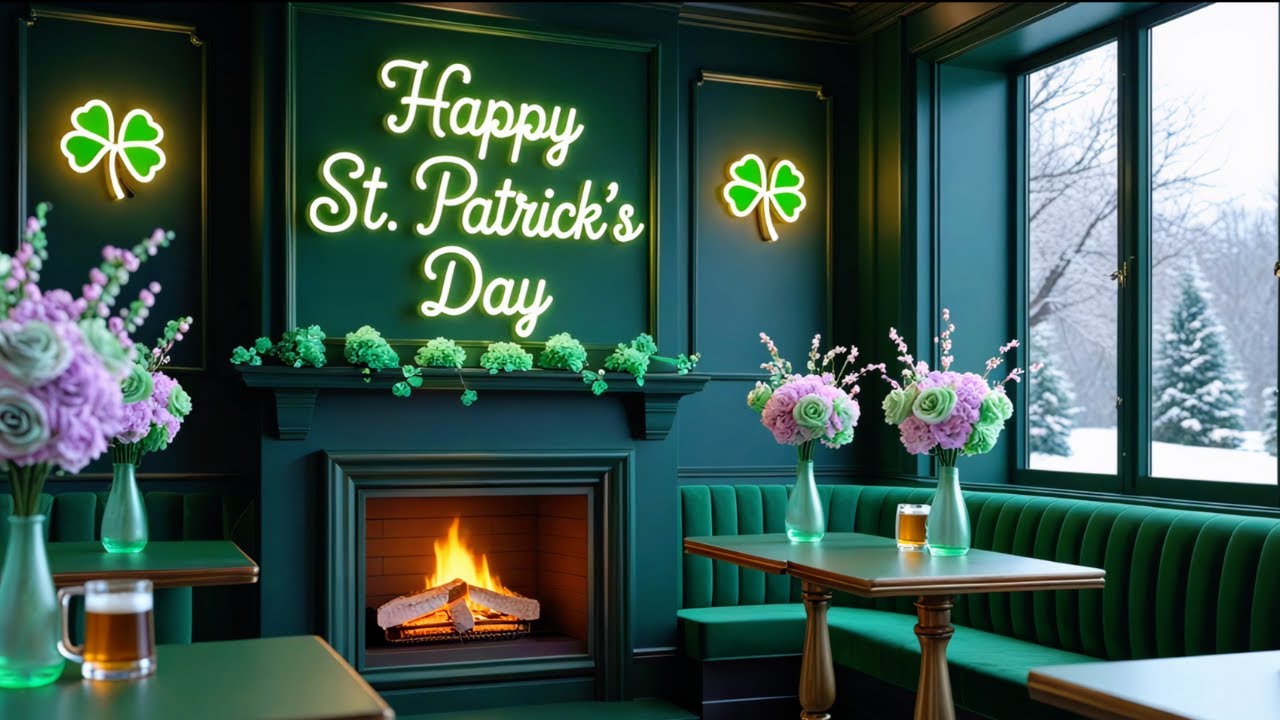 🍀 Relaxing St Patrick's Day Pub 🍺 Cozy Fireplace Ambience & Soft Jazz ...