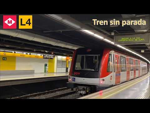 Metro Barcelona L4: Unidad 9000 sin parada cruzandose con unidad 2100 por Maragall