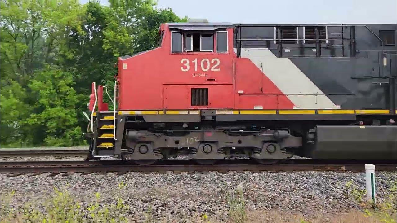 CN 3102 pulls Eastbound train with CN grain hoppers, lumber on flat cars, CN 3889, at Vicksburg ...