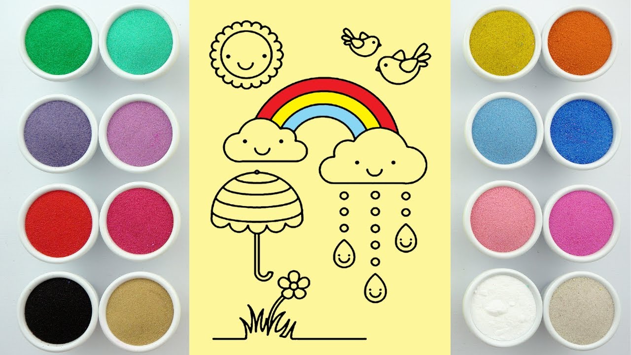 Sand Painting Rainbow, umbrela, sun, birds, flower drawing - YouTube