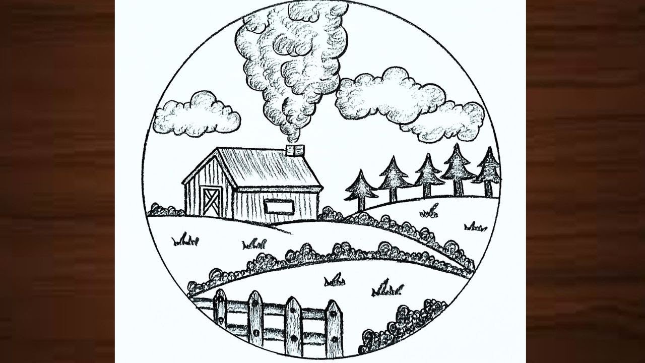 How to Draw a Beautiful Village Scenery Step by Step for Beginners | Circle Drawing Tutorial ...