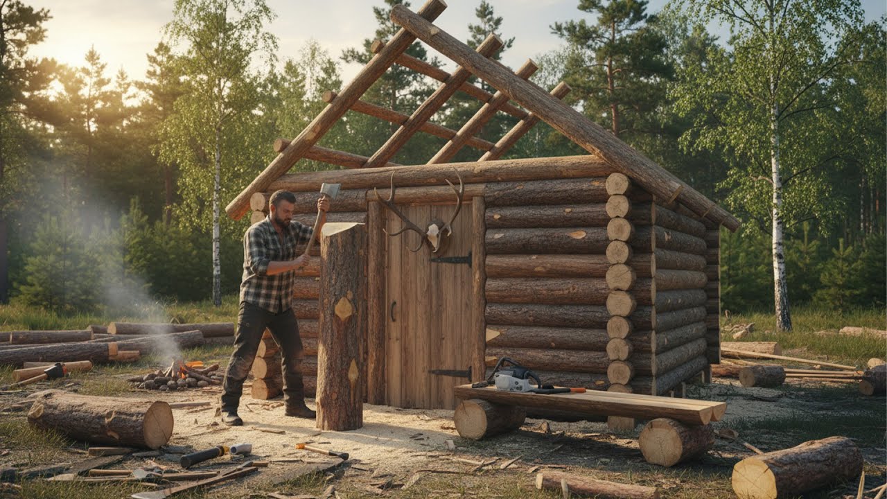 Man Builds a Log House Alone in the Forest | Start to Finish - YouTube