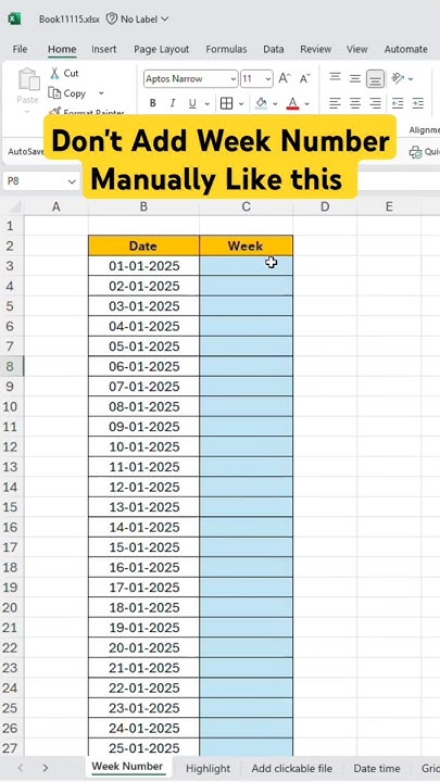 how to add week number in excel #excel #exceltips #excelformula # ...