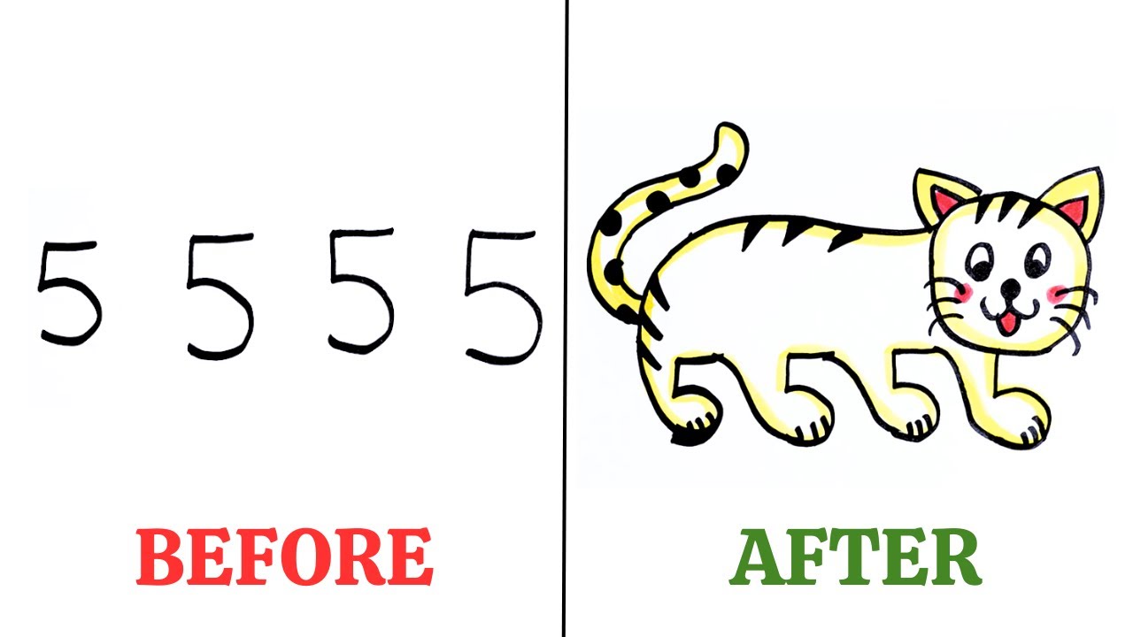 How To Draw Cat Drawing With 5 5 5 5 Numbers Easily | Step By Step ...