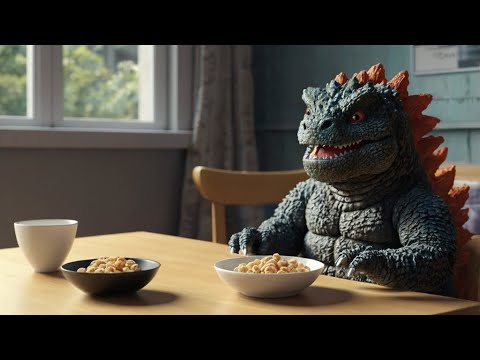 Little Godzilla Sits at the Table and Eats Baby Cereal – Cute & Funny ...