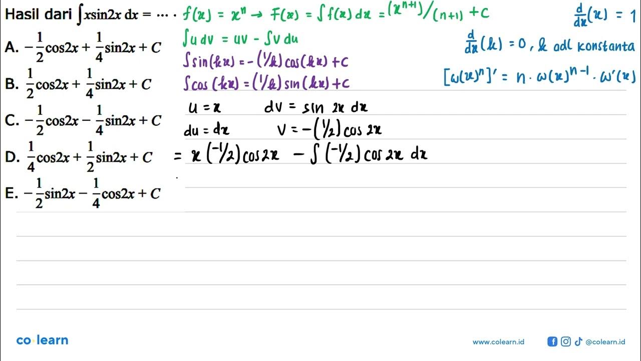 Hasil dari integral x sin 2x dx=... - YouTube