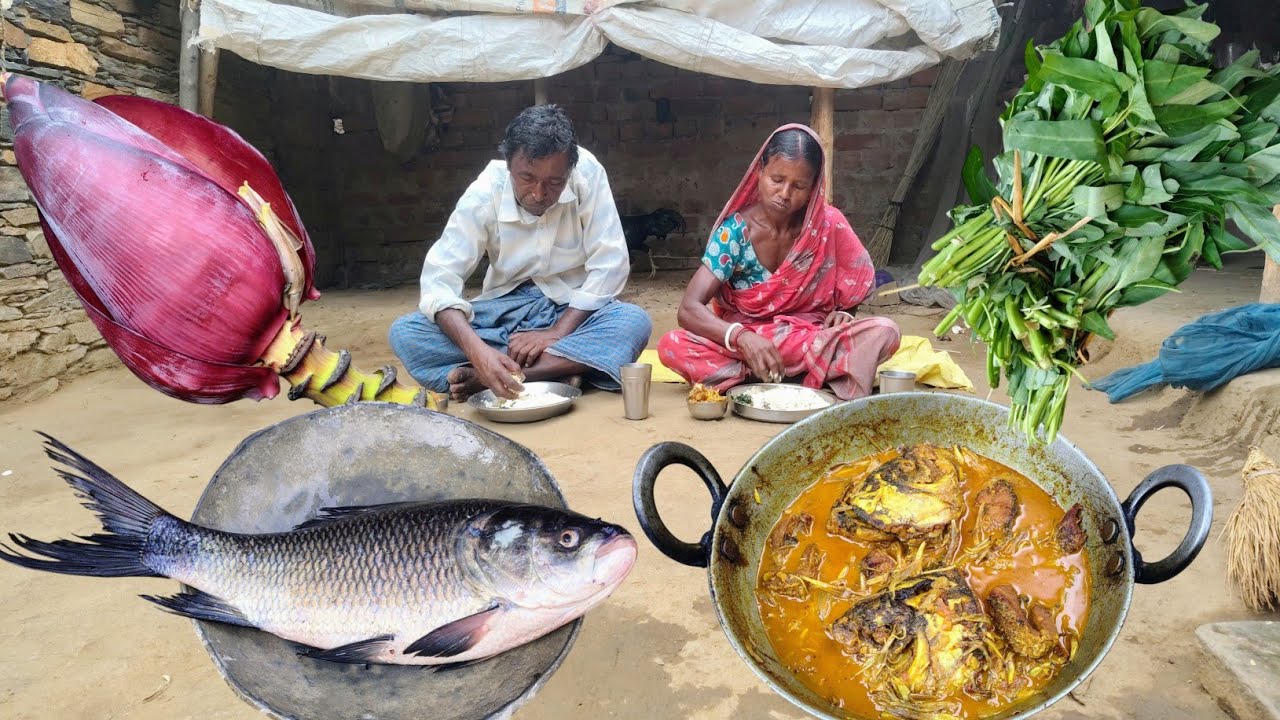 rural tribe people katla FISH CURRY with banana flower cooking and ...
