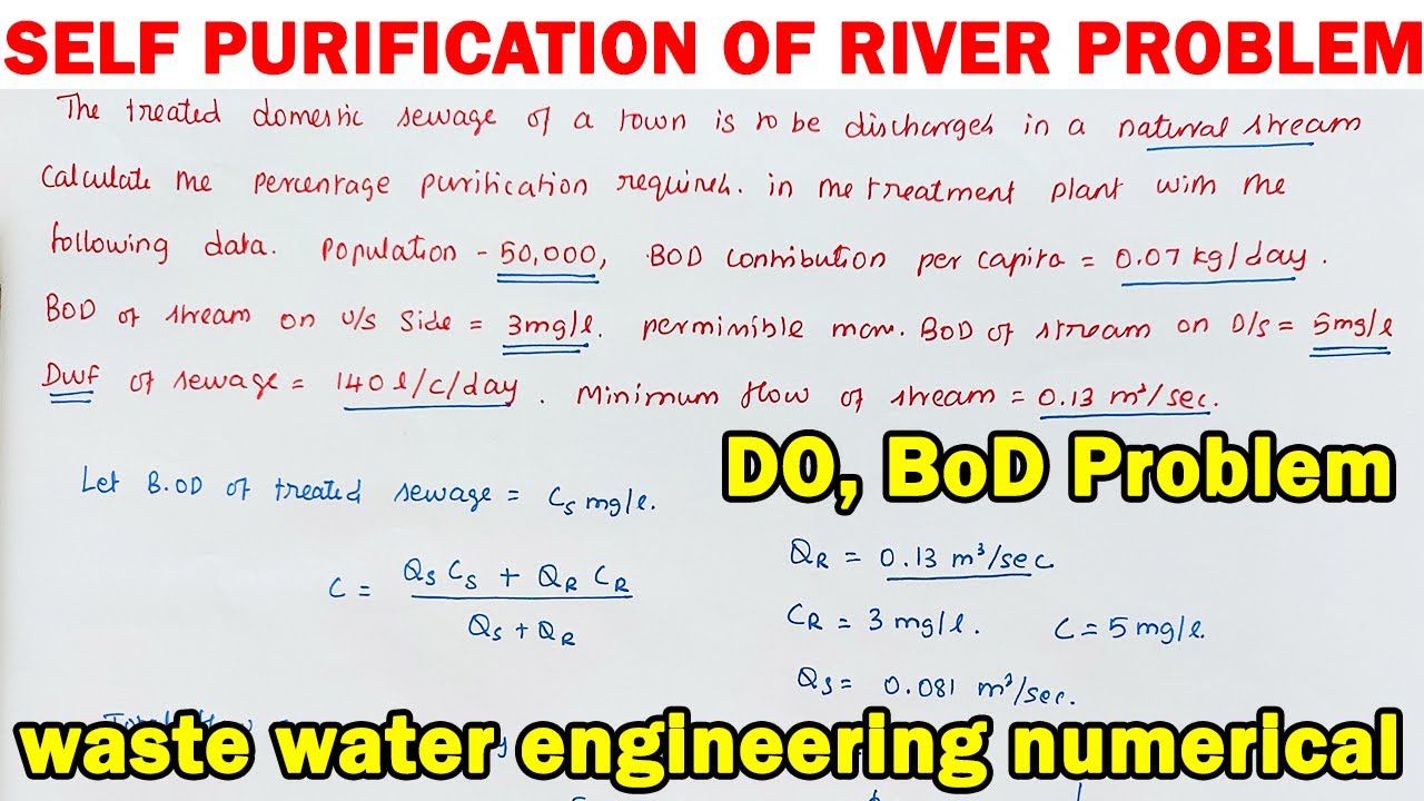 self purification of river solved problem, Dissolved oxygen, waste water engg numerical, bod ...