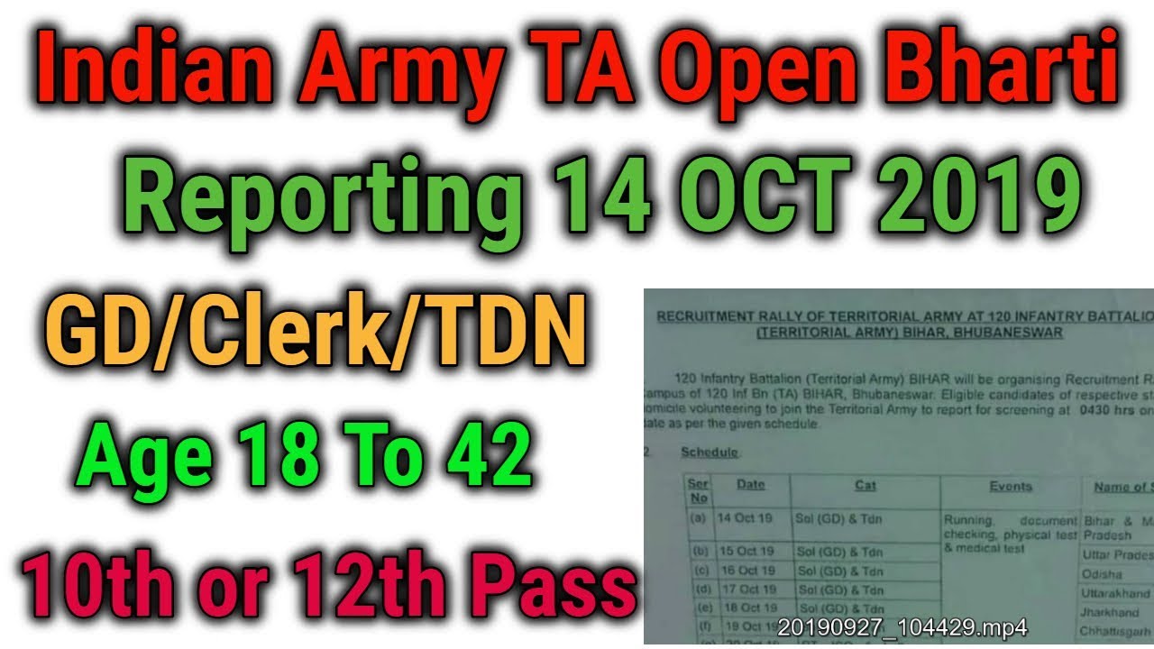 Indian Army Open TA ( Territorial Army ) Bharti All States 14 Oct 2019 ...