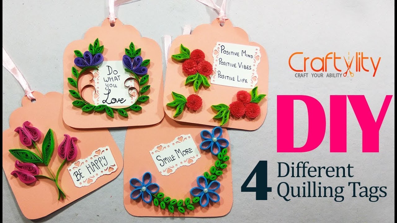 DIY 4 different quilling tags | Beginners Quilling Flower tags ...