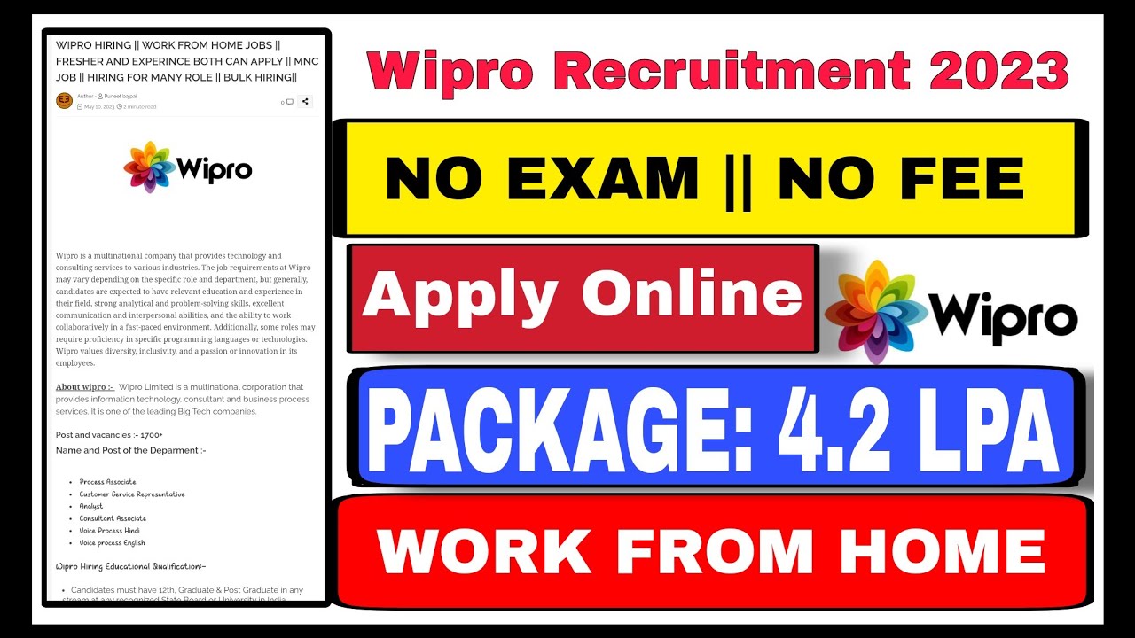WIPRO HIRING || WORK FROM HOME JOBS || FRESHER AND EXPERINCE BOTH CAN ...